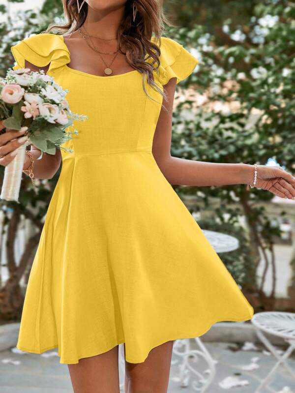 SHEIN VCAY Solid Ruffle Trim A-line Dress | SHEIN USA