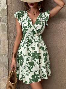 SHEIN VCAY Floral Print Butterfly Sleeve Ruffle Hem Dress | SHEIN USA