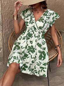 SHEIN VCAY Floral Print Butterfly Sleeve Ruffle Hem Dress | SHEIN USA