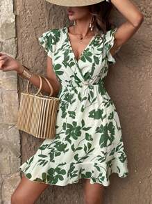 SHEIN VCAY Floral Print Butterfly Sleeve Ruffle Hem Dress | SHEIN USA