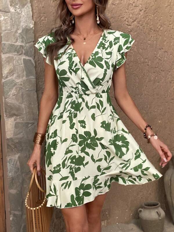 SHEIN VCAY Floral Print Butterfly Sleeve Ruffle Hem Dress | SHEIN USA