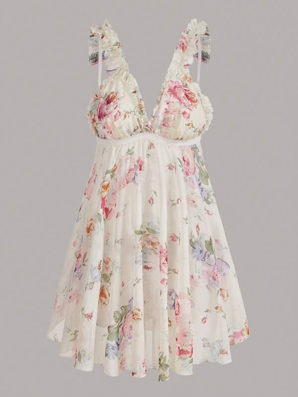 فستان نوم كامي طباعة الأزهار مقلم بهدب شيفون | شي إن