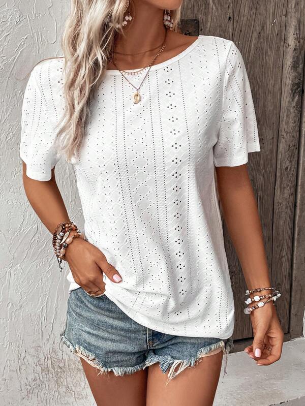 Shein Vcay Contrast Lace Eyelet Embroidery Tee Shein Usa