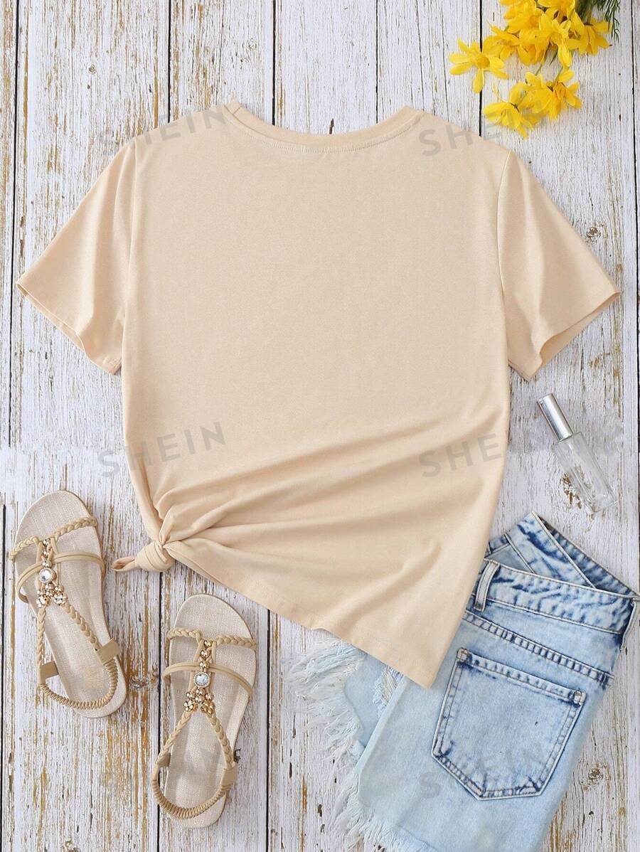 SHEIN LUNE Cute "HELLO" Pattern Printed Short Sleeve Peach T-Shirt For ...
