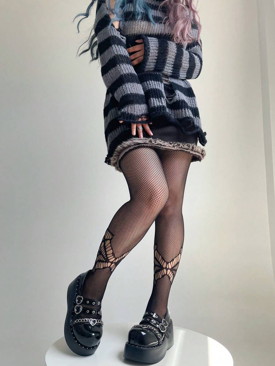 1pair Women Spider Pattern Fashion Fishnet Garter Tights For Daily Life ...