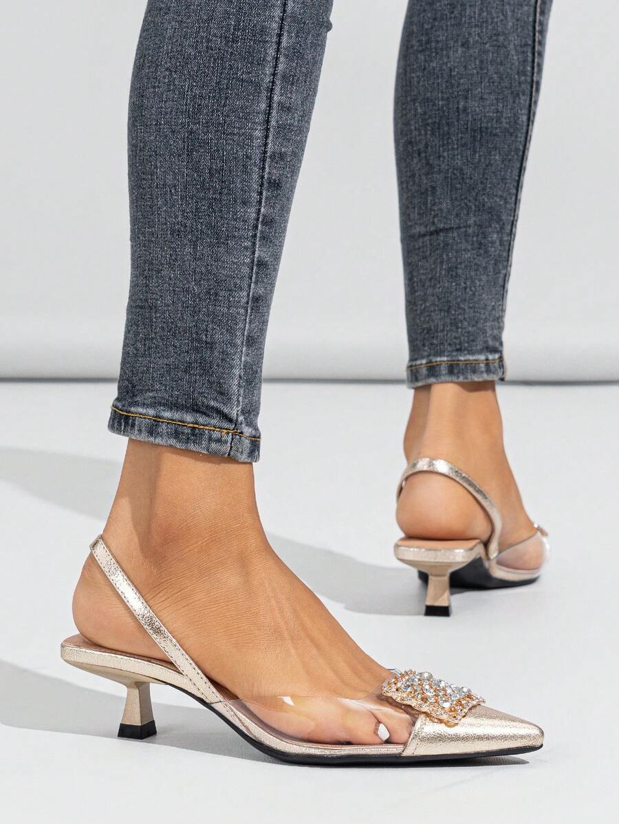 Glamorous Pumps For Women, Metallic Rhinestone Decor Point Toe Pyramid ...