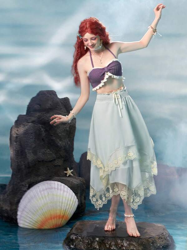 ROMWE Fairycore Mermaid Ruffle Trim Halter Knit Top | SHEIN UK