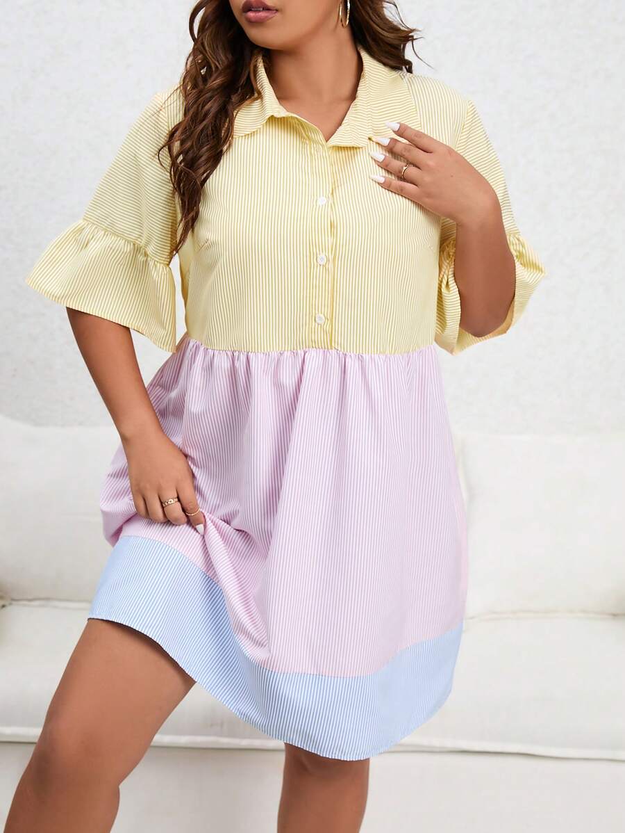 SHEIN Essnce Plus Colorblock Striped Print Flounce Sleeve Shirt Dress ...