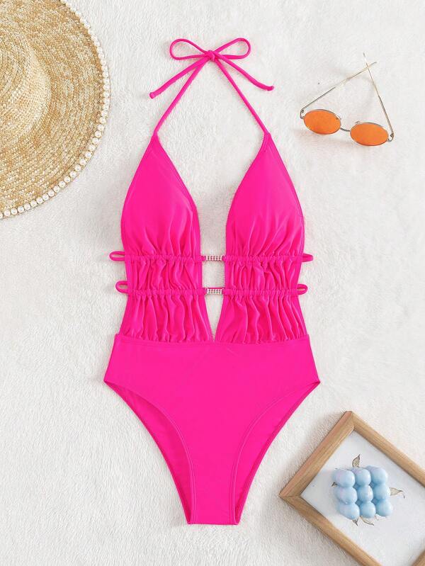 Backless Halter One Piece Swimsuit Shein Usa