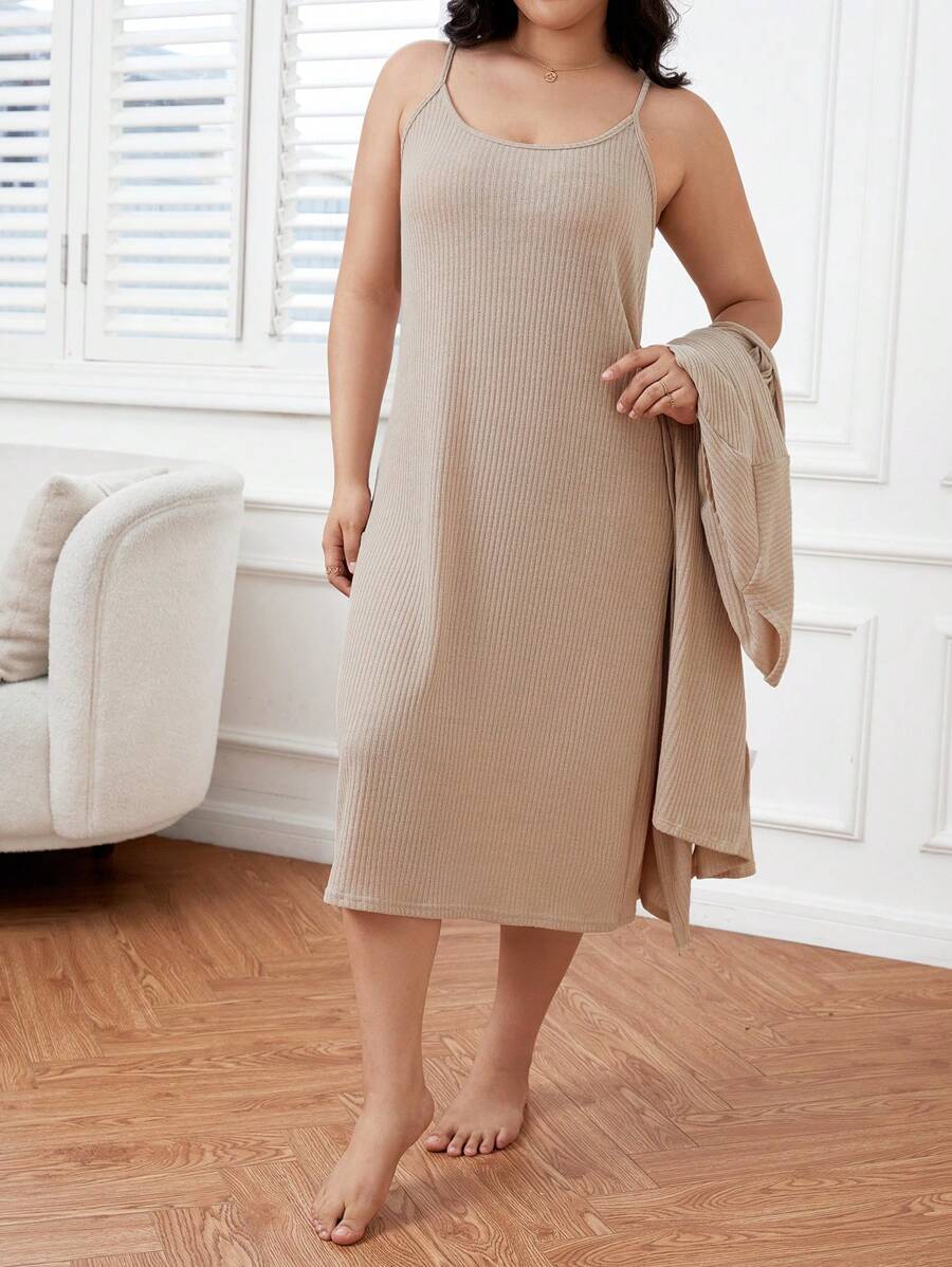 Plus Solid Cami Nightdress & Open Front Robe | SHEIN USA