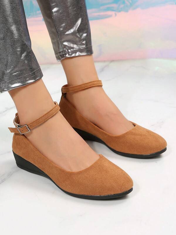 Women Minimalist Ankle Strap Court Wedges, Faux Suede Elegant Wedge ...
