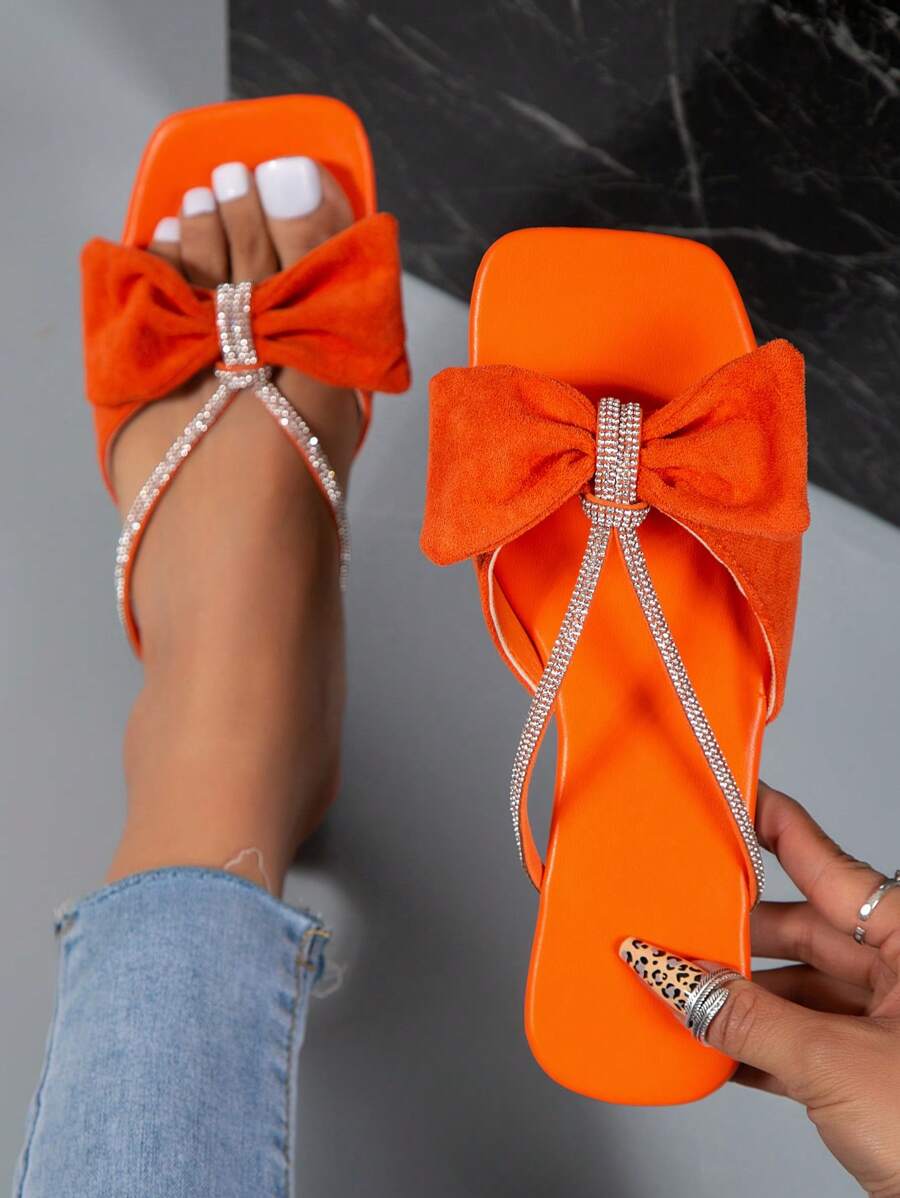 Women Rhinestone & Bow Decor Slide Sandals, Corduroy Funky Sandals ...