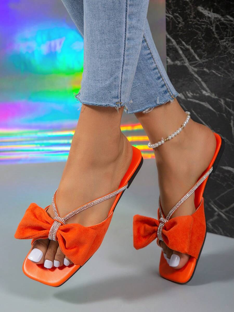 Women Rhinestone & Bow Decor Slide Sandals, Corduroy Funky Sandals ...