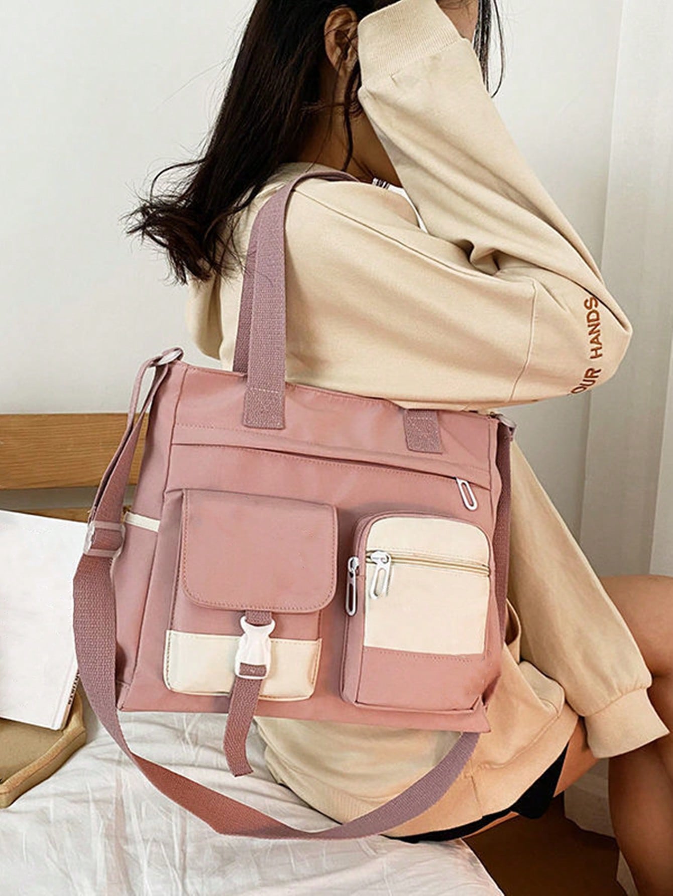 Fashion Women Handbag Shoulder Bag Large Capacity Colorblock Nylon ...