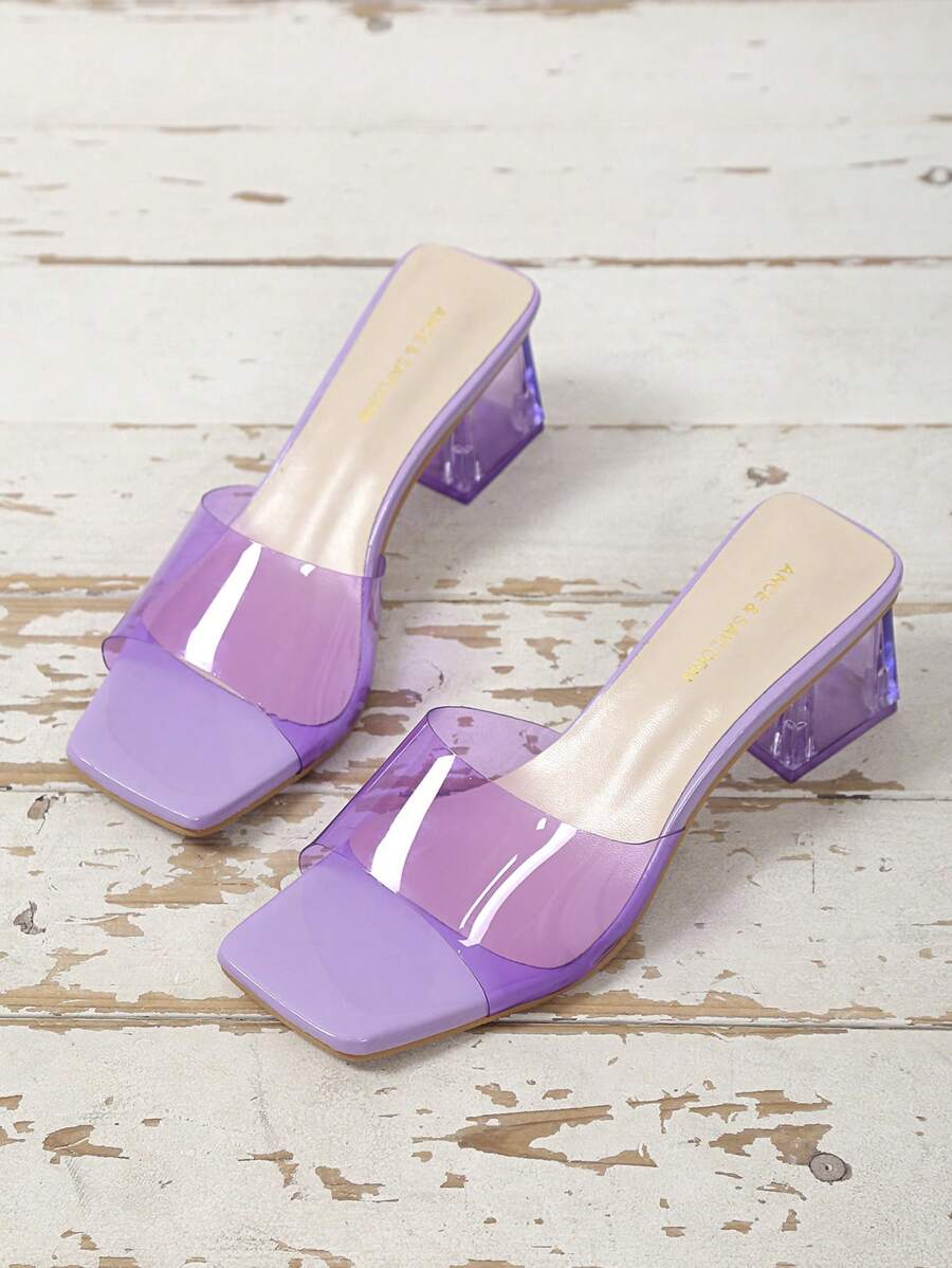 Funky Mule Sandals For Women, Purple PVC Single Band Chunky Heeled ...