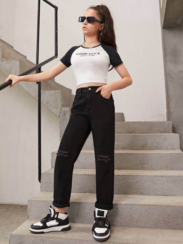 Fille adolescente Jean droit déchiré | Mode en ligne | SHEIN FRANCE