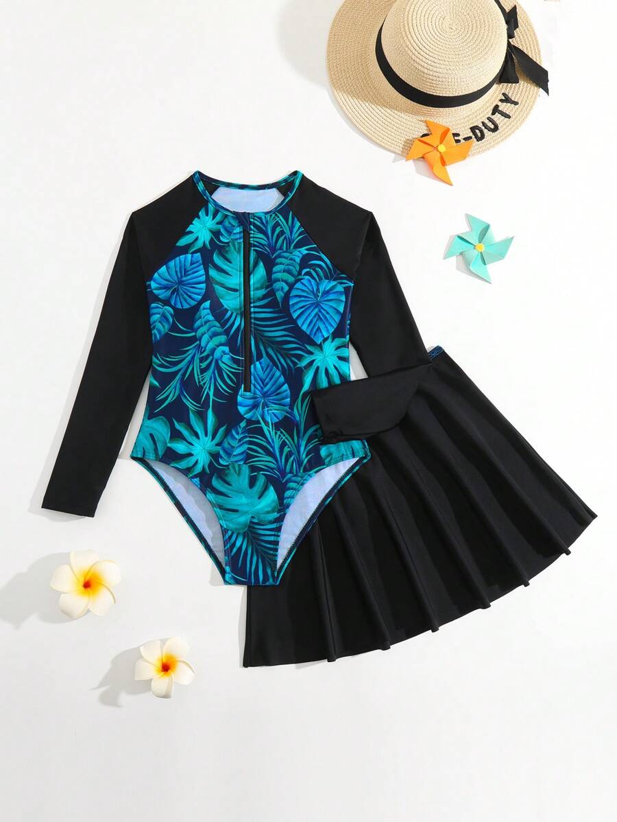 Tween Girl Tropical Print Zipper Front One Piece Swimsuit With Beach ...