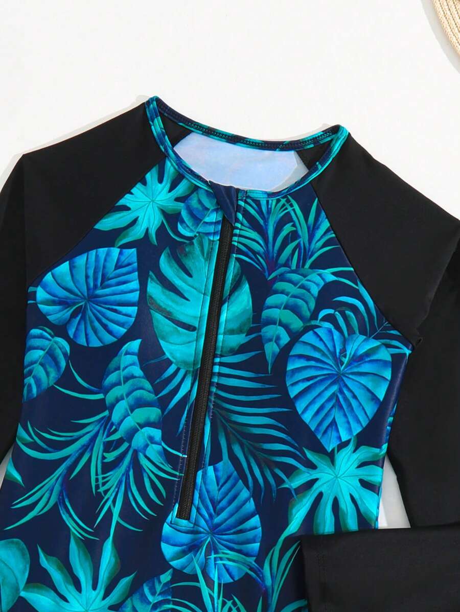 Tween Girl Tropical Print Zipper Front One Piece Swimsuit With Beach ...