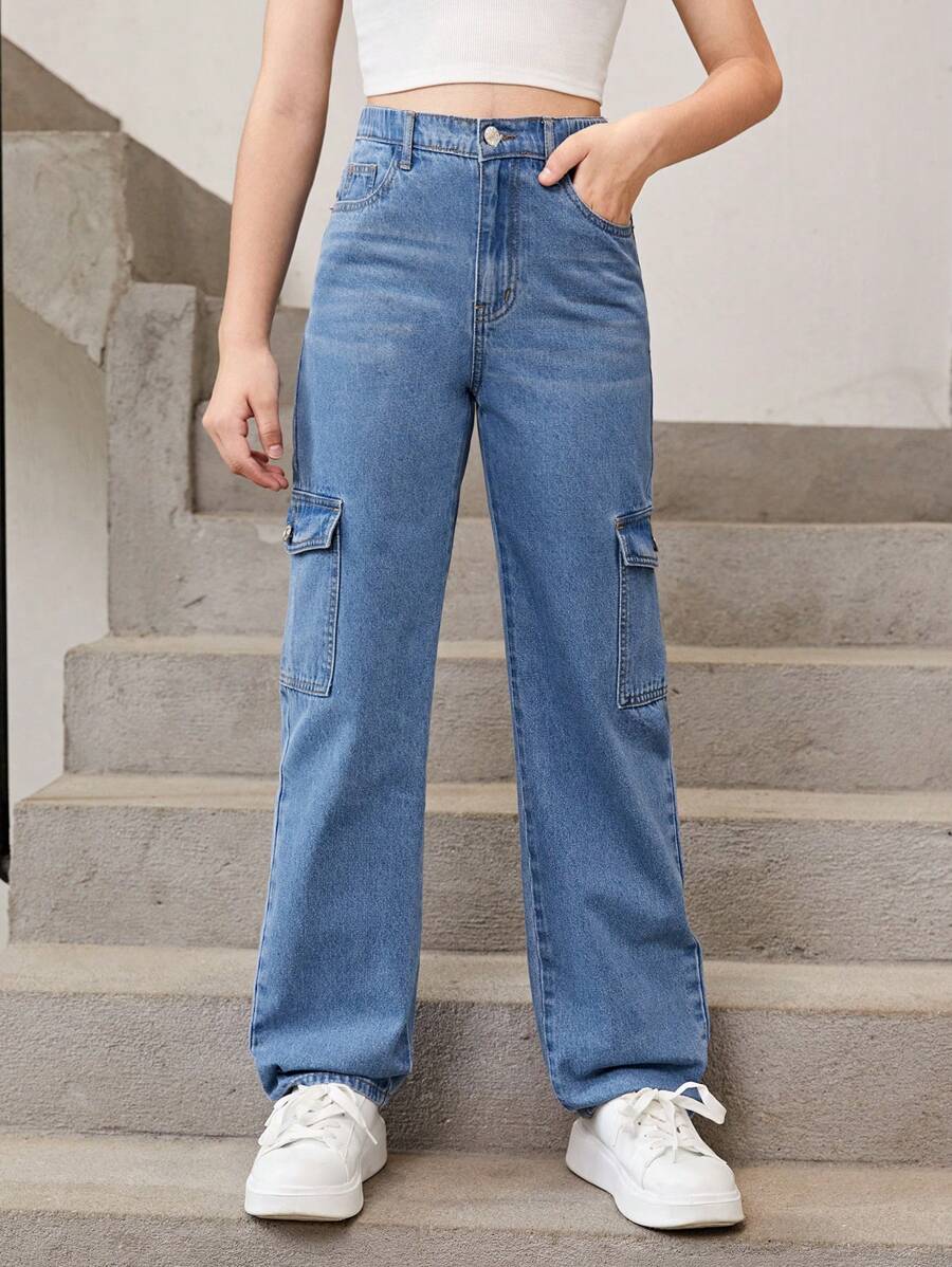 Teen Girls Flap Pocket Cargo Jeans | SHEIN USA