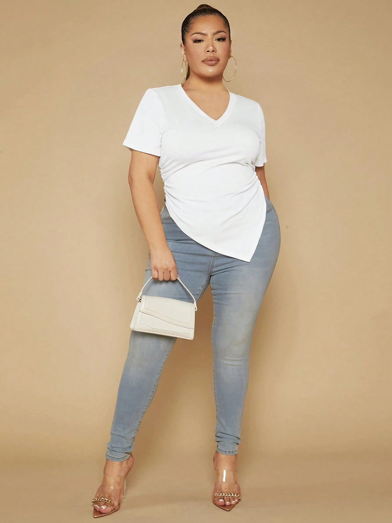 Shein Sxy Plus Solid Ruched Asymmetrical Hem Tee Shein Usa