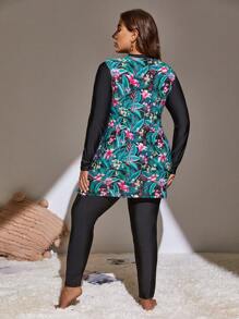 SHEIN Swim Curve Plus Size Tropical Print High Neck Full Body Burkini ...