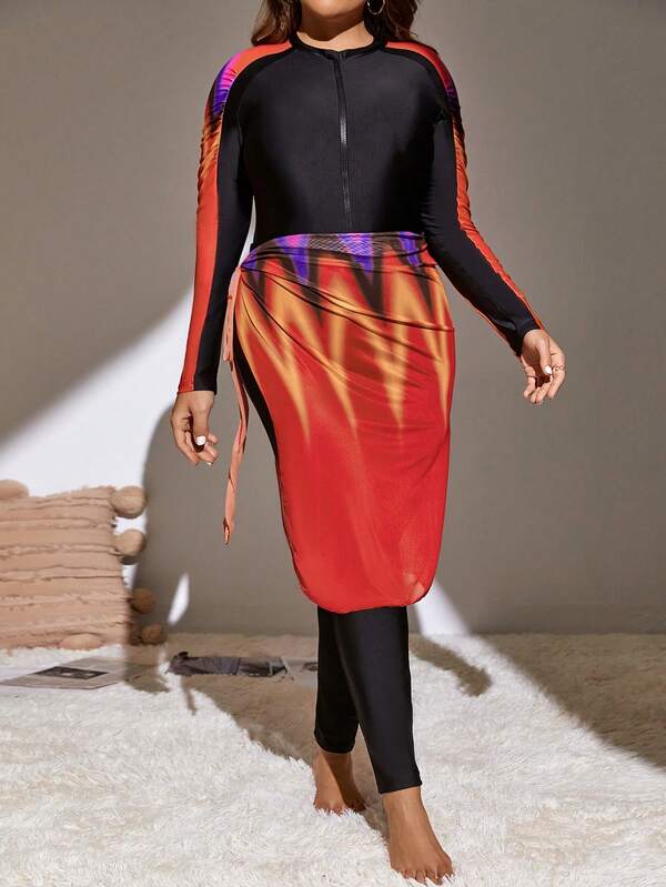 SHEIN Swim Mulvari Plus Color Block Zip Front One Piece Swimsuit With ...