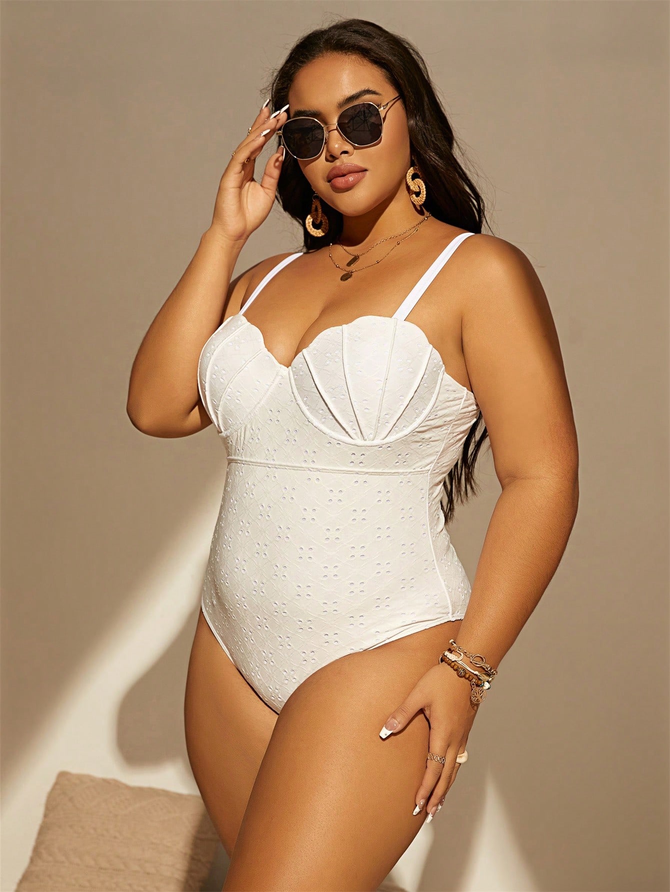 Plus Eyelet Embroidery Scallop Trim Push Up One Piece Swimsuit Shein Usa