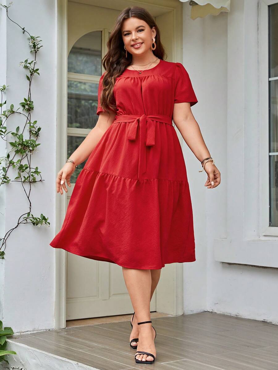 SHEIN LUNE Plus Ruffle Hem Belted Dress | SHEIN USA