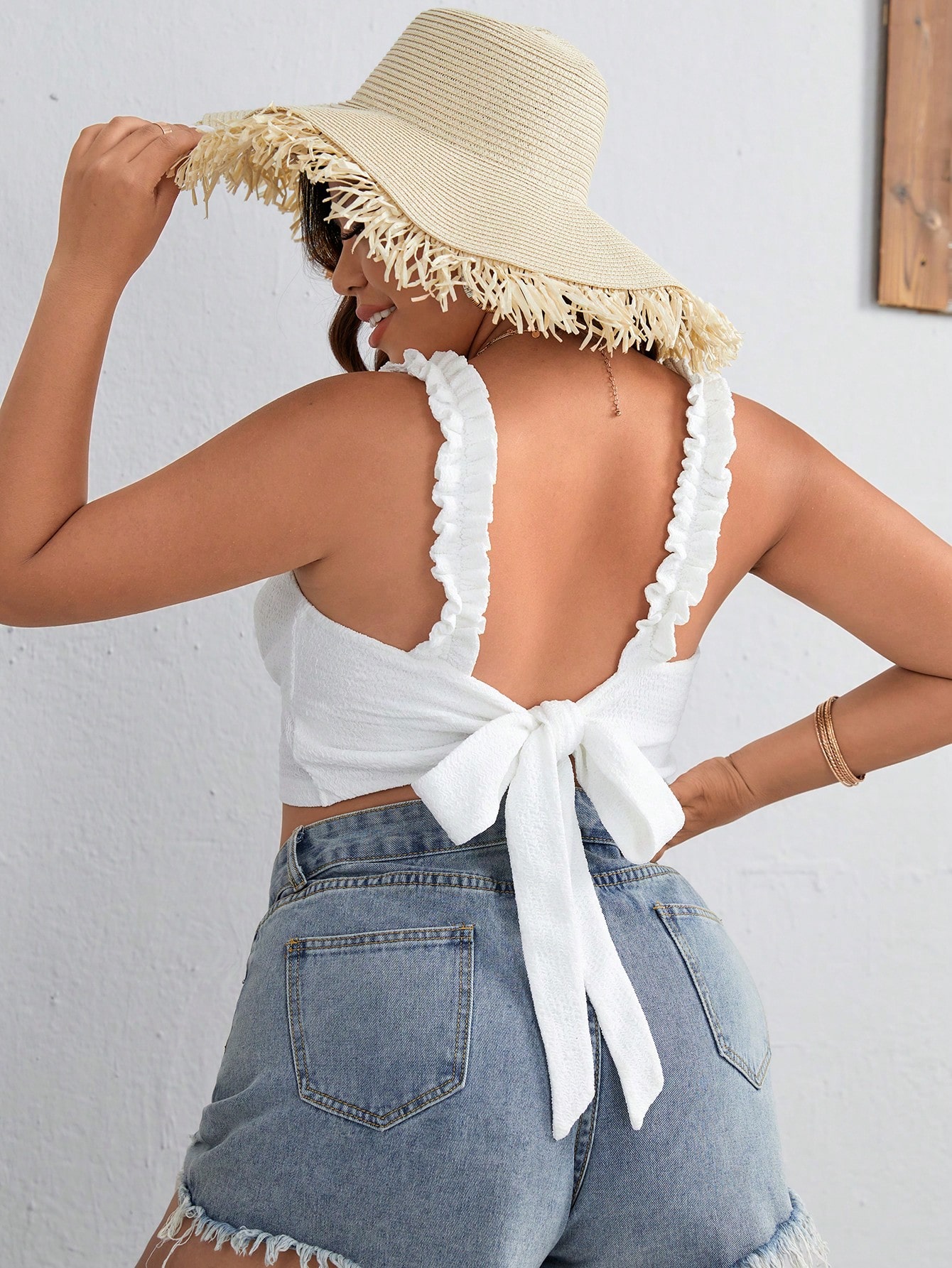 SHEIN WYWH Plus Ruched Bust Frill Trim Wide Straps Top | SHEIN USA