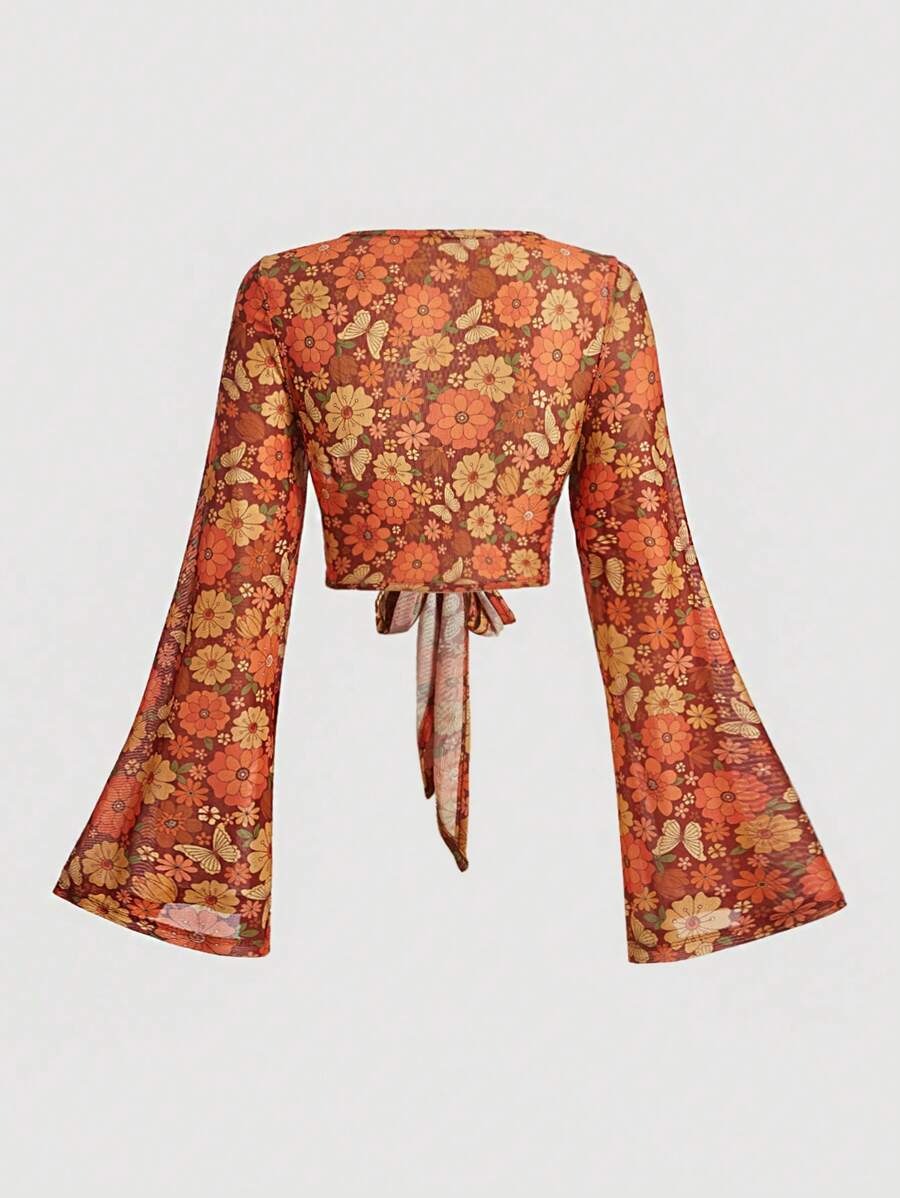 SHEIN MOD Vintage Floral Print Tie Front Bell Long Sleeves Crop Top ...