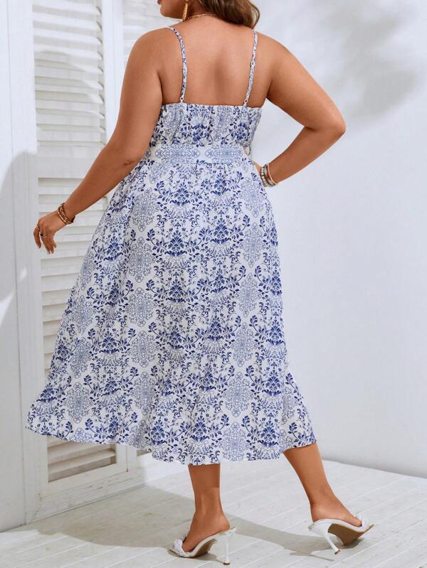 Shein Vcay Plus Allover Print Belted Cami Dress Shein Usa