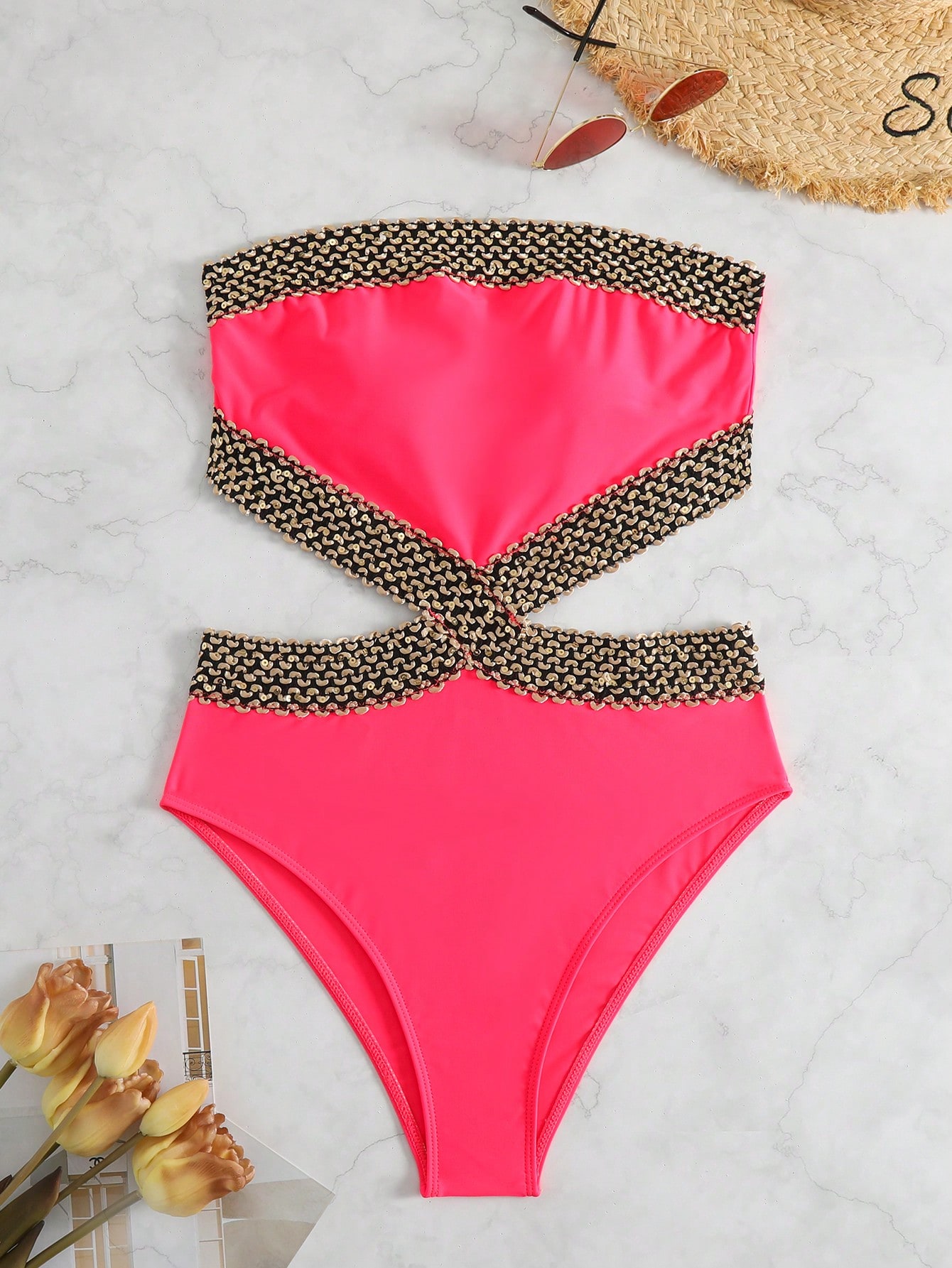 Stitch Detail Cut Out Bandeau One Piece Swimsuit | SHEIN USA