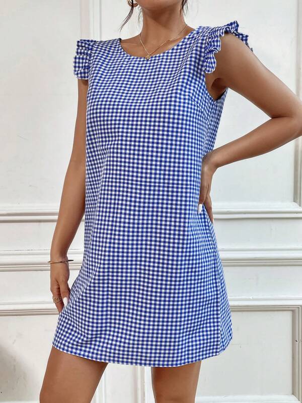 Shein Vcay Vestido Con Estampado De Guingán Ribete Con Fruncido Con