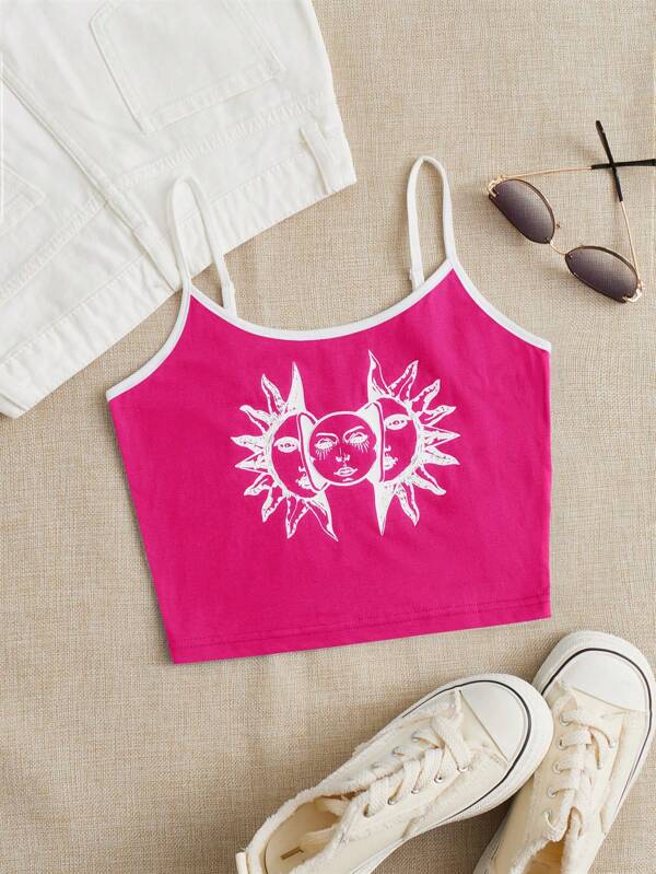 Shein Ezwear Sun And Moon Print Contrast Binding Cami Top Shein Usa