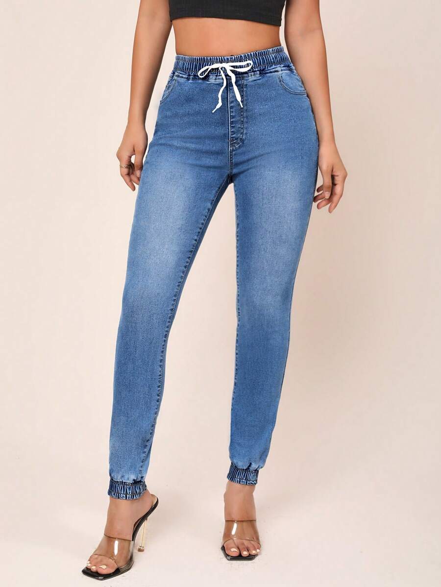 SHEIN Essnce Drawstring Waist Skinny Jeans | SHEIN USA