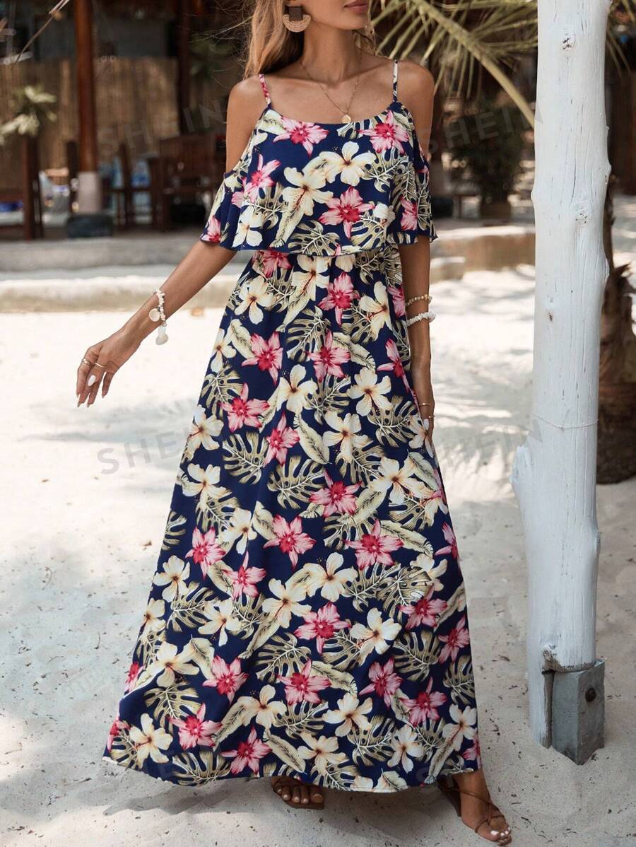 SHEIN VCAY Tropical & Floral Print Cold Shoulder Ruffle Trim Dress ...