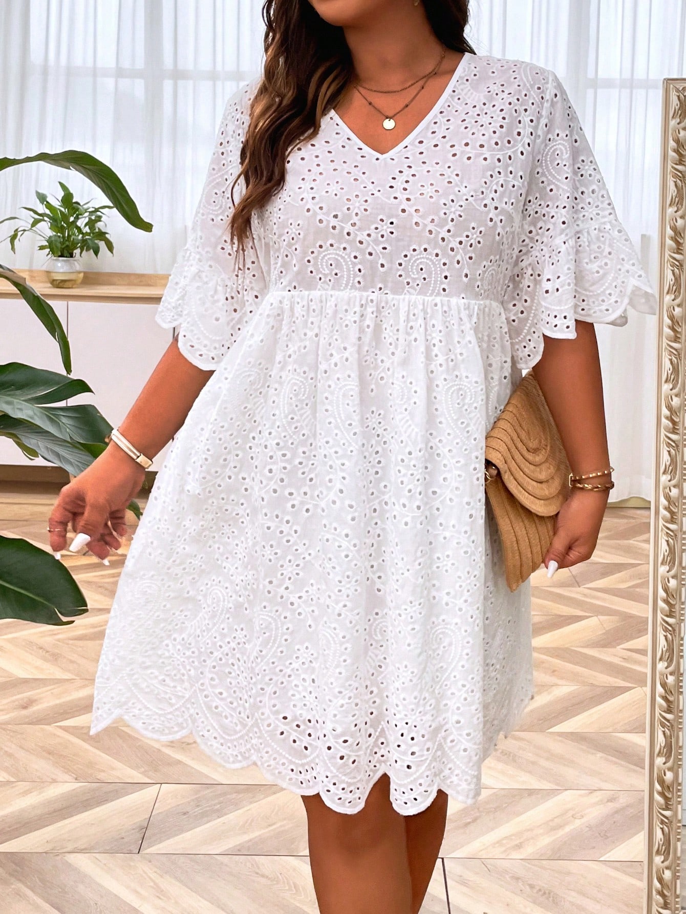 Shein Vcay Plus Eyelet Embroidery Scallop Trim Dress Shein Uk