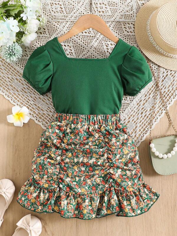 SHEIN Kids EVRYDAY Young Girl Green Vintage Floral Print Square ...
