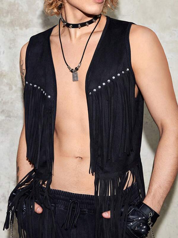 Manfinity Chillmode Men Studded Detail Fringe Trim Vest Jacket | SHEIN USA