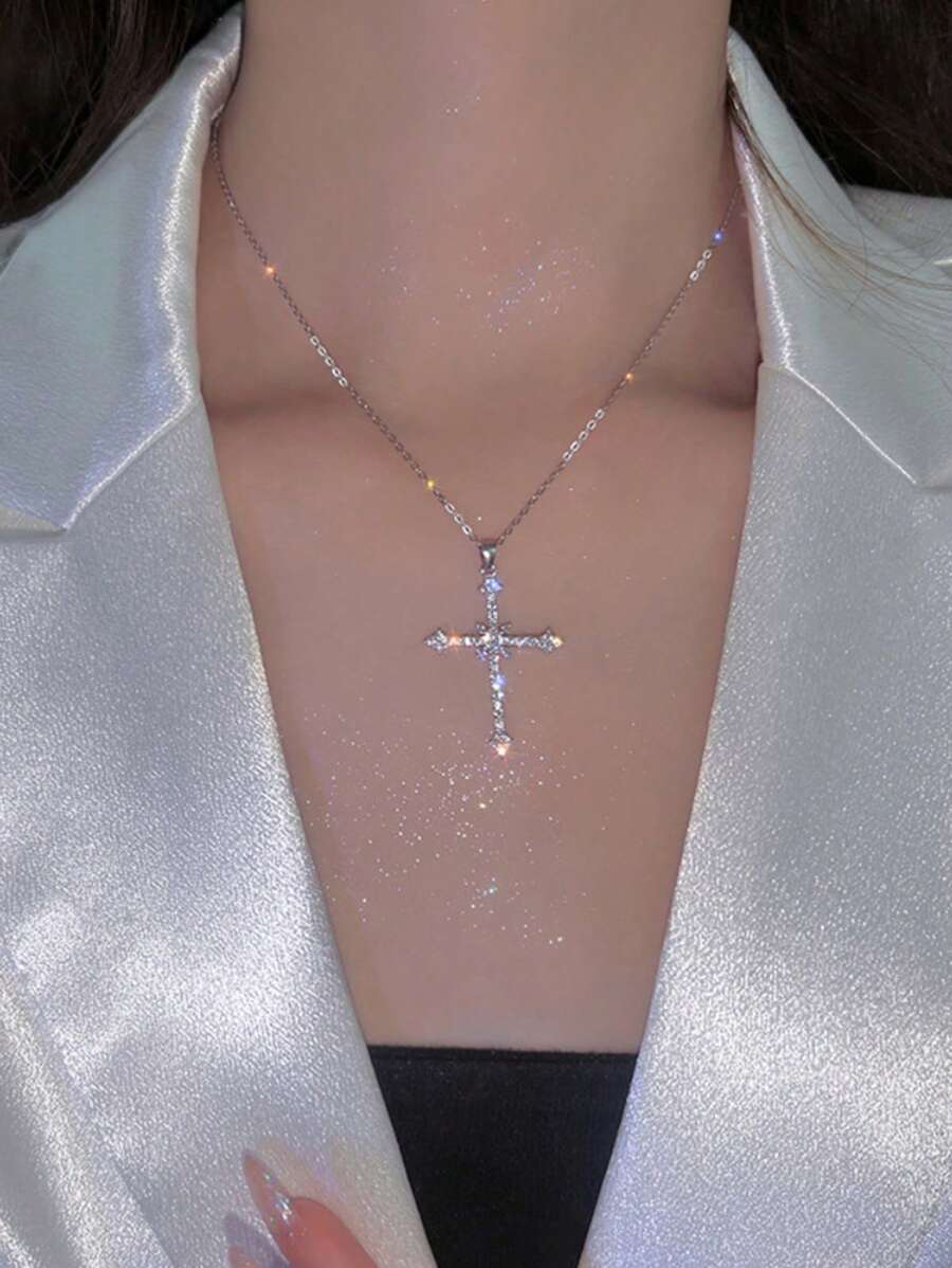 1pc Women Fashionable Rhinestone Cross Pendant Necklace For Party Y2K ...