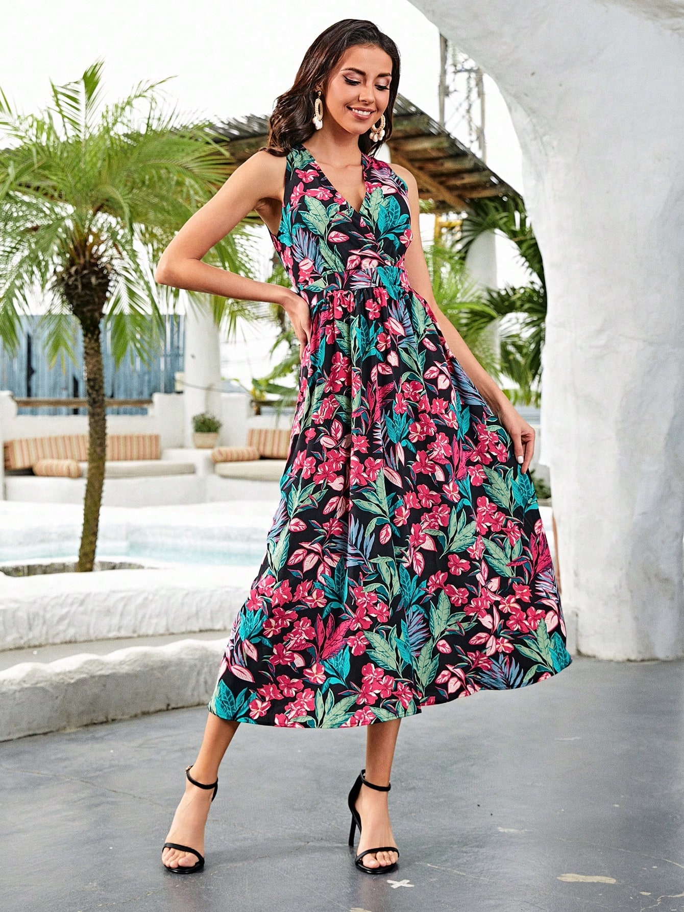 SHEIN LUNE Tropical Print Tie Back Dress | SHEIN