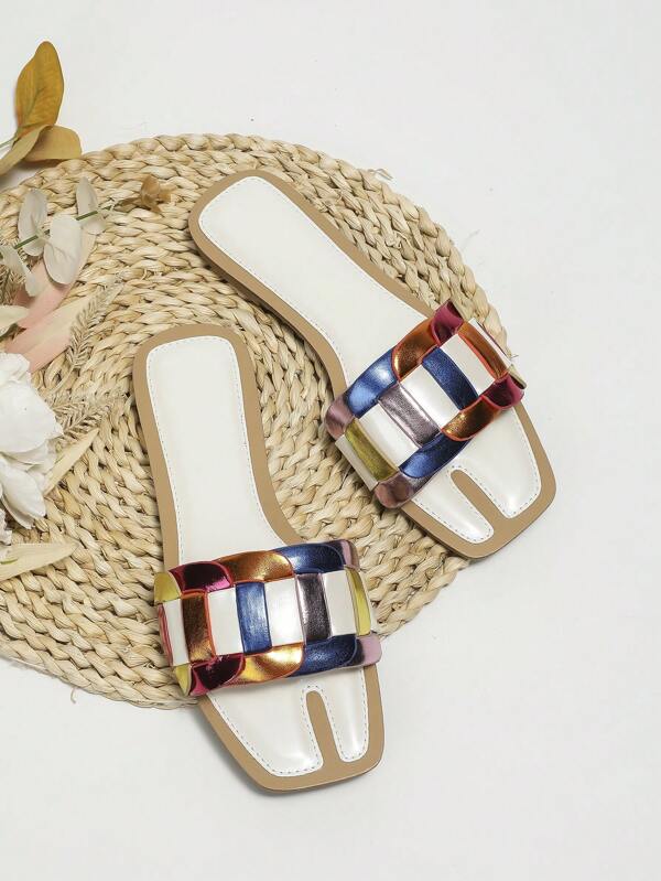 Fashionable Slide Sandals For Women, Colorblock Single Band Flat ...