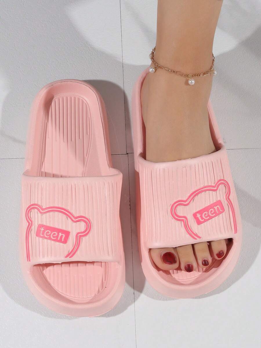 Preppy Slides For Women, Cartoon Bear Pattern Letter Graphic Slippers ...