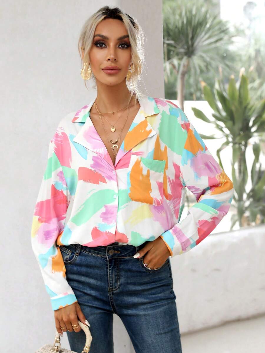 SHEIN Privé Brush Print Button Front Shirt | SHEIN USA