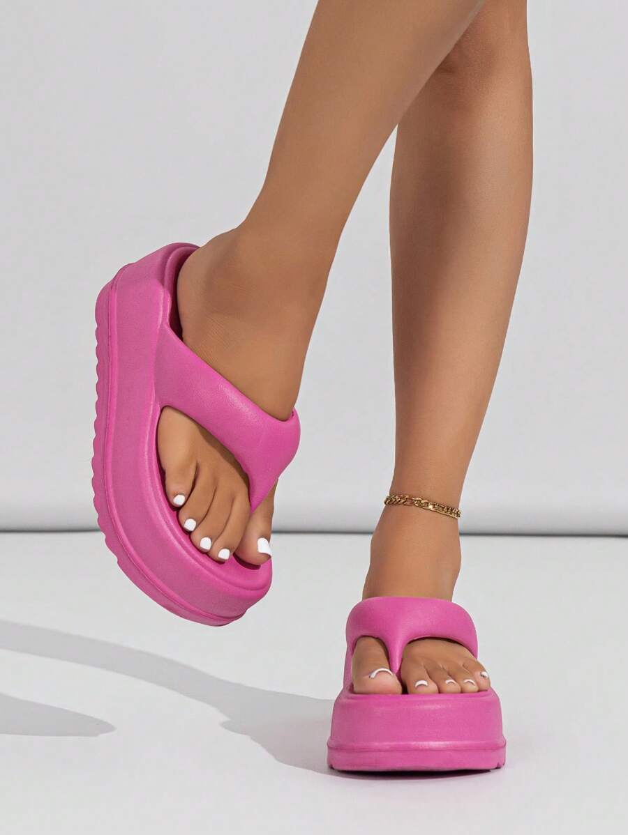 Women Toe Post Flatform Slippers, Funky Hot Pink Flip Flops For Summer ...