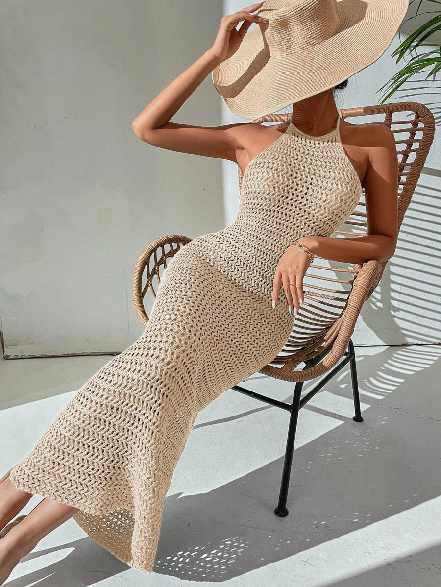 Breezaya Solid Halter Neck Backless Dress | SHEIN USA