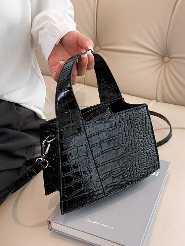 Mini Square Bag Crocodile Embossed Minimalist Black | SHEIN USA