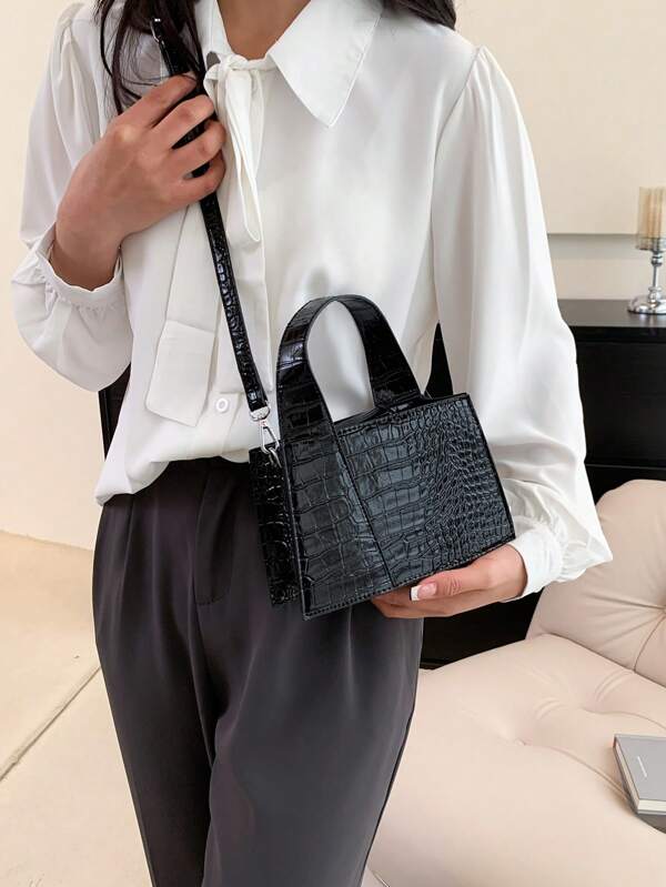 Mini Square Bag Crocodile Embossed Minimalist Black | SHEIN USA