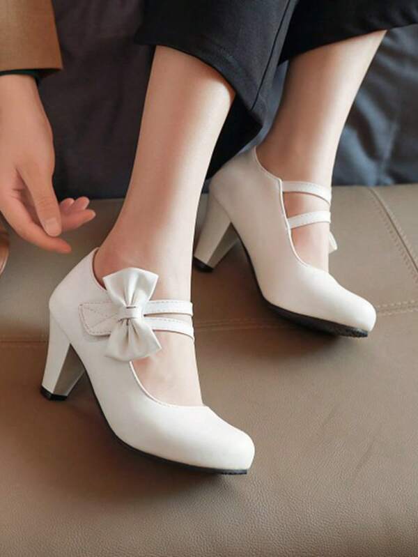 Women Bow Decor Cone Heeled Pumps, Elegant White Mary Jane Pumps ...