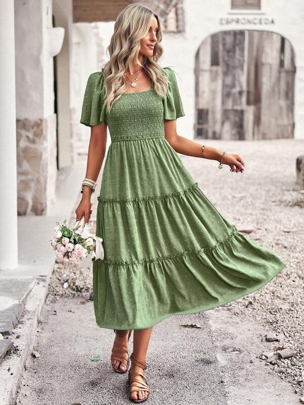 SHEIN VCAY Swiss Dot Square Neck Ruffle Hem Dress | SHEIN USA